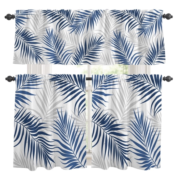 3 Piece Kitchen Curtains and Valances Set Navy Palm Leaves Cafe ...