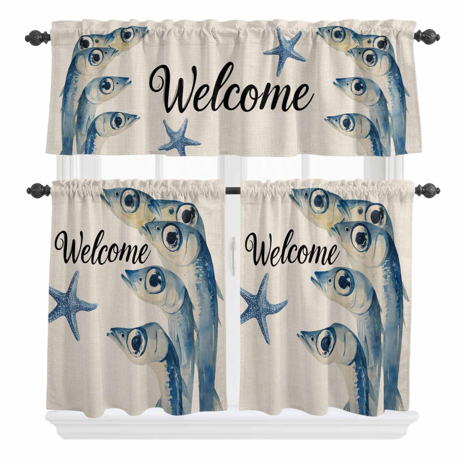 3 Piece Kitchen Curtains and Valances Set Ocean Fishes Cafe Curtains 24 ...