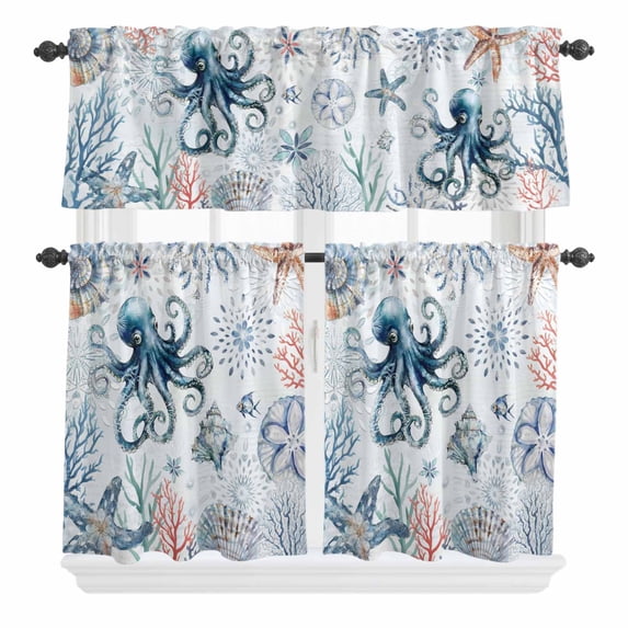 3 Piece Kitchen Curtains and Valances Set Ocean Octopus Cafe Curtains ...