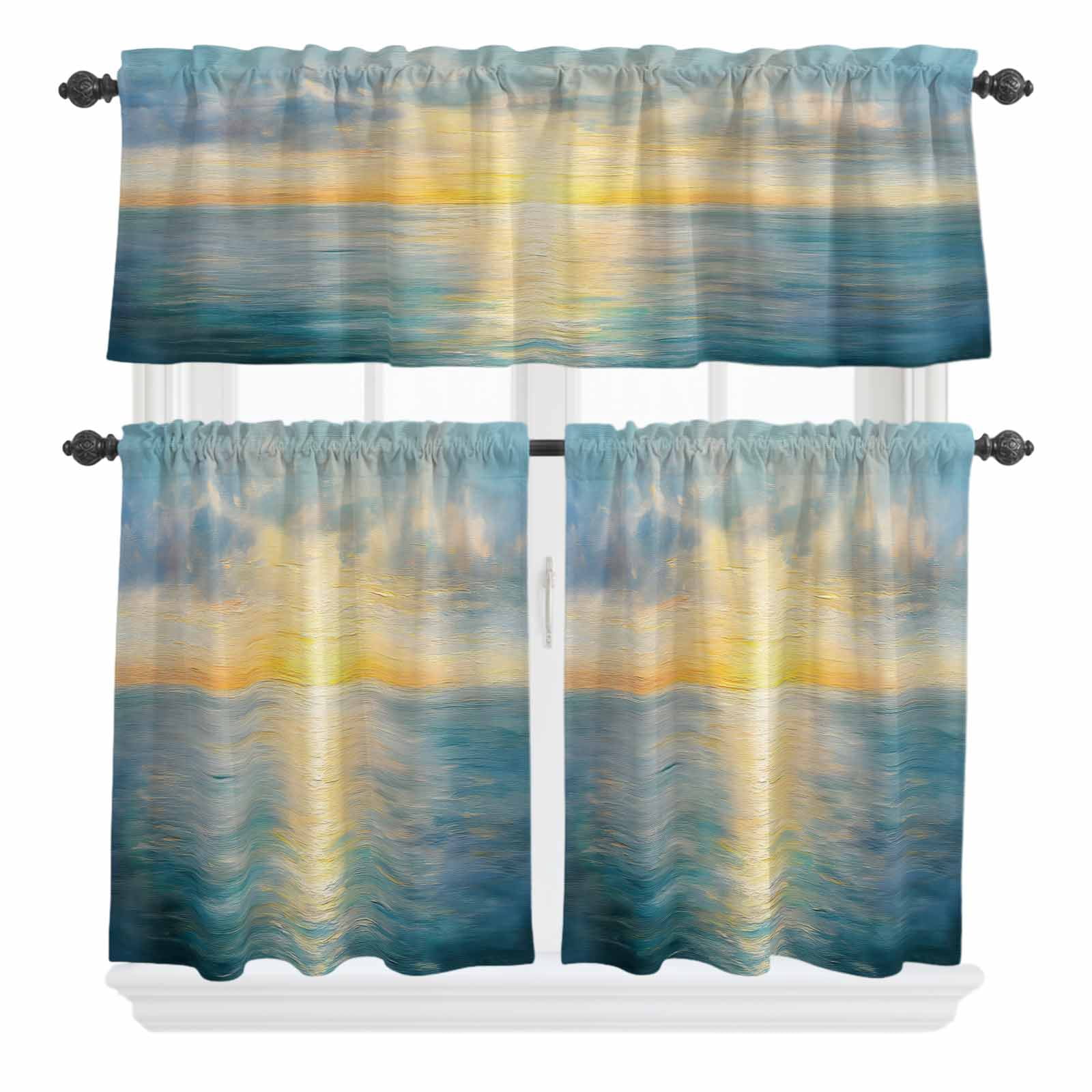 3 Piece Kitchen Curtains and Valances Set Ocean Sunset Cafe Curtains 24 ...