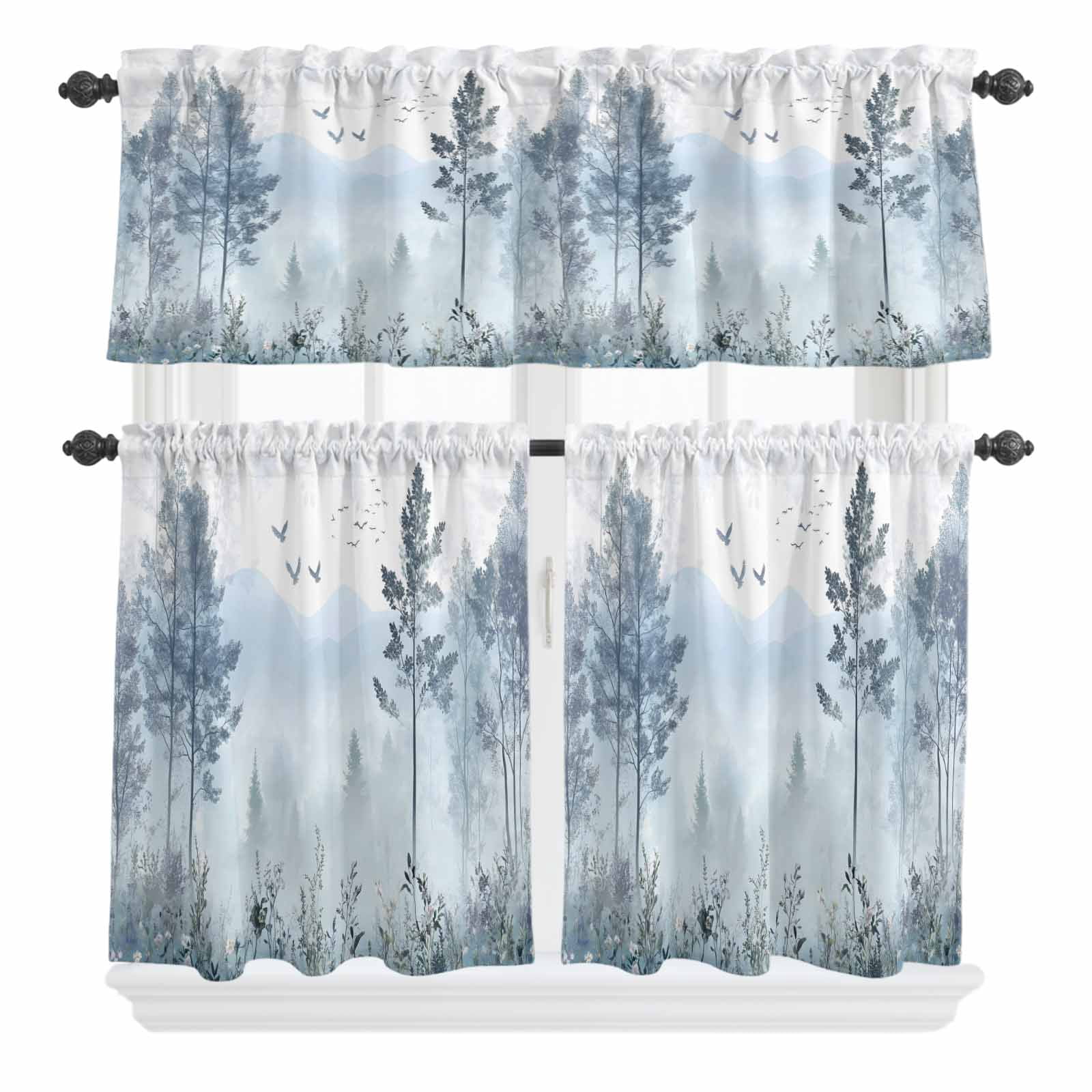 3 Piece Kitchen Curtains and Valances Set Ombre Forest Grey Cafe ...