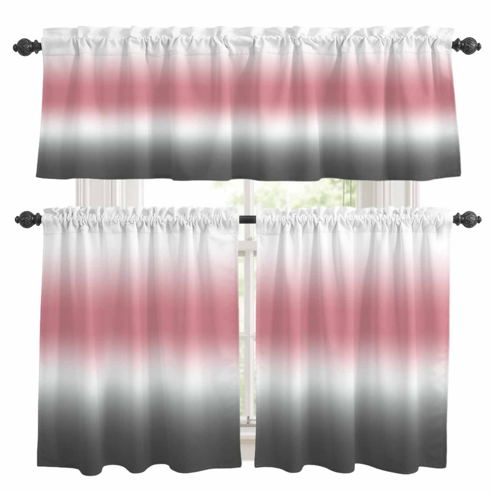 3 Piece Kitchen Curtains and Valances Set Ombre Grey Pink Cafe Curtains ...
