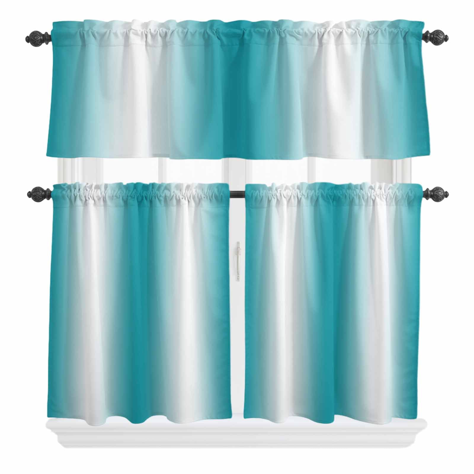 3 Piece Kitchen Curtains and Valances Set Ombre Turquoise Cafe Curtains ...