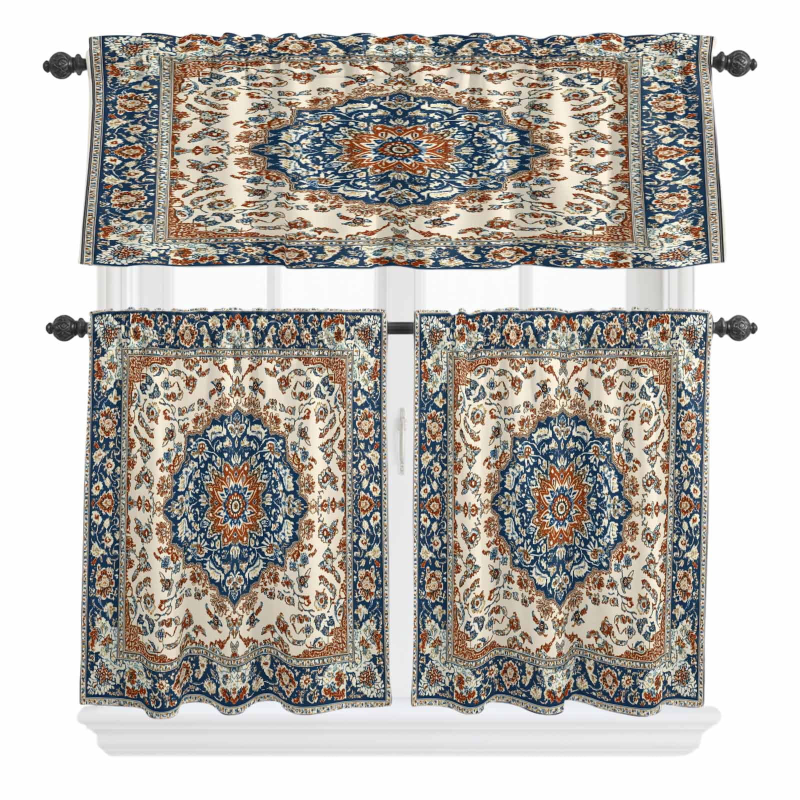 3 Piece Kitchen Curtains and Valances Set Orange Blue Boho Southwestern ...