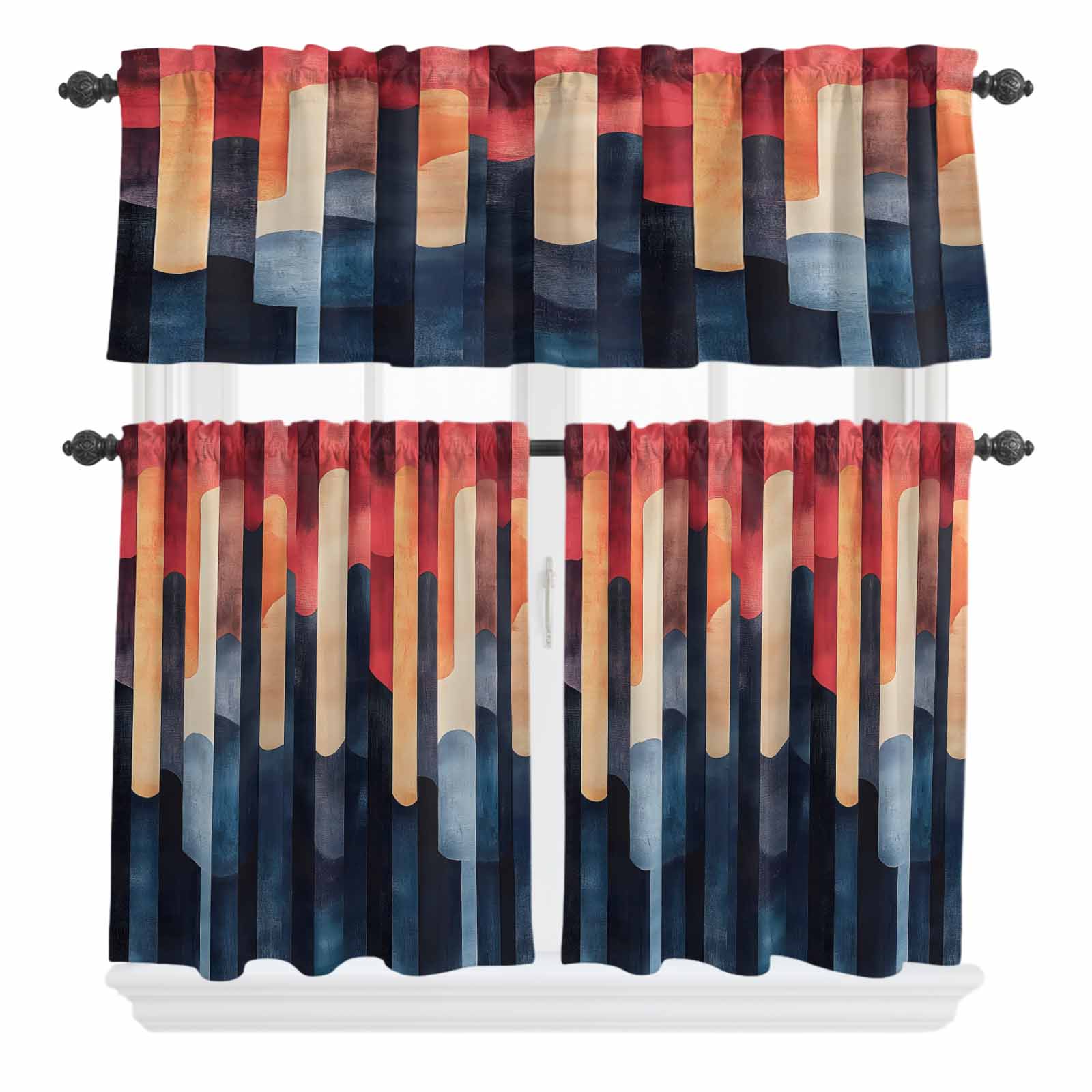 3 Piece Kitchen Curtains and Valances Set Orange Blue Red Cafe Curtains ...