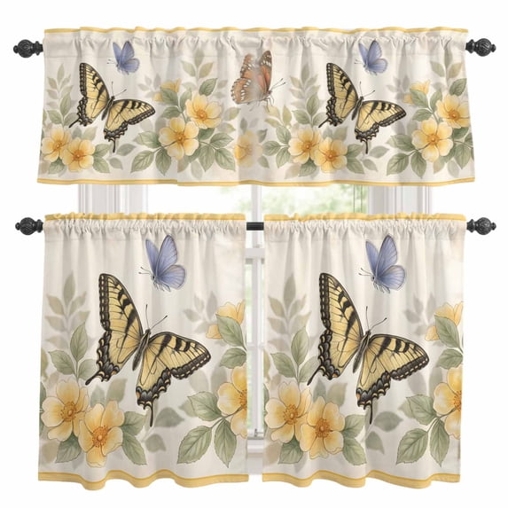 3 Piece Kitchen Curtains and Valances Set Orange Butterfly Floral Cafe ...