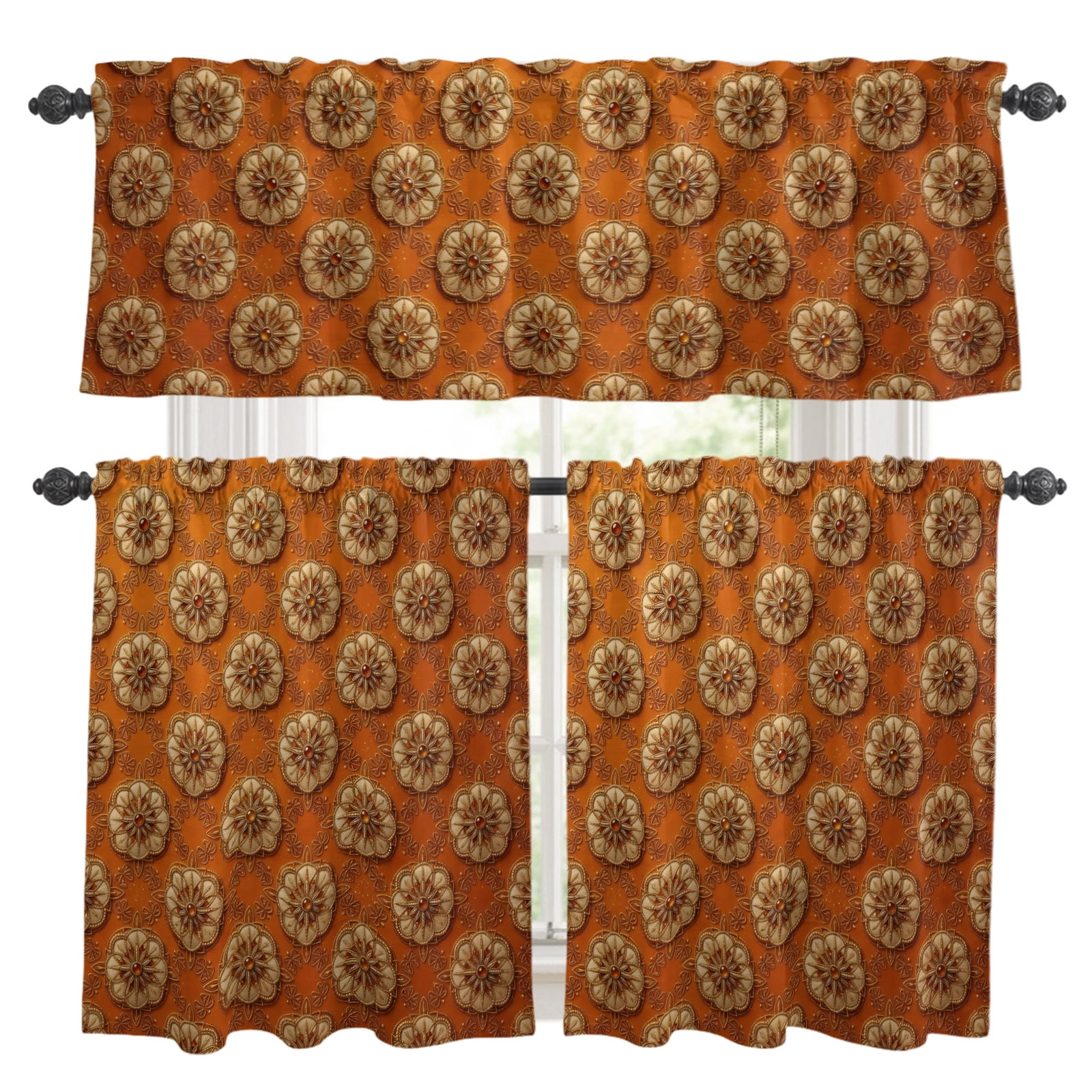 3 Piece Kitchen Curtains and Valances Set Orange Floral Boho Cafe ...
