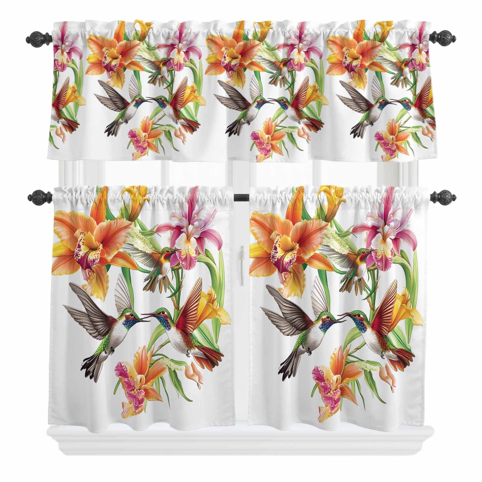 3 Piece Kitchen Curtains and Valances Set Orange Floral Cafe Curtains ...