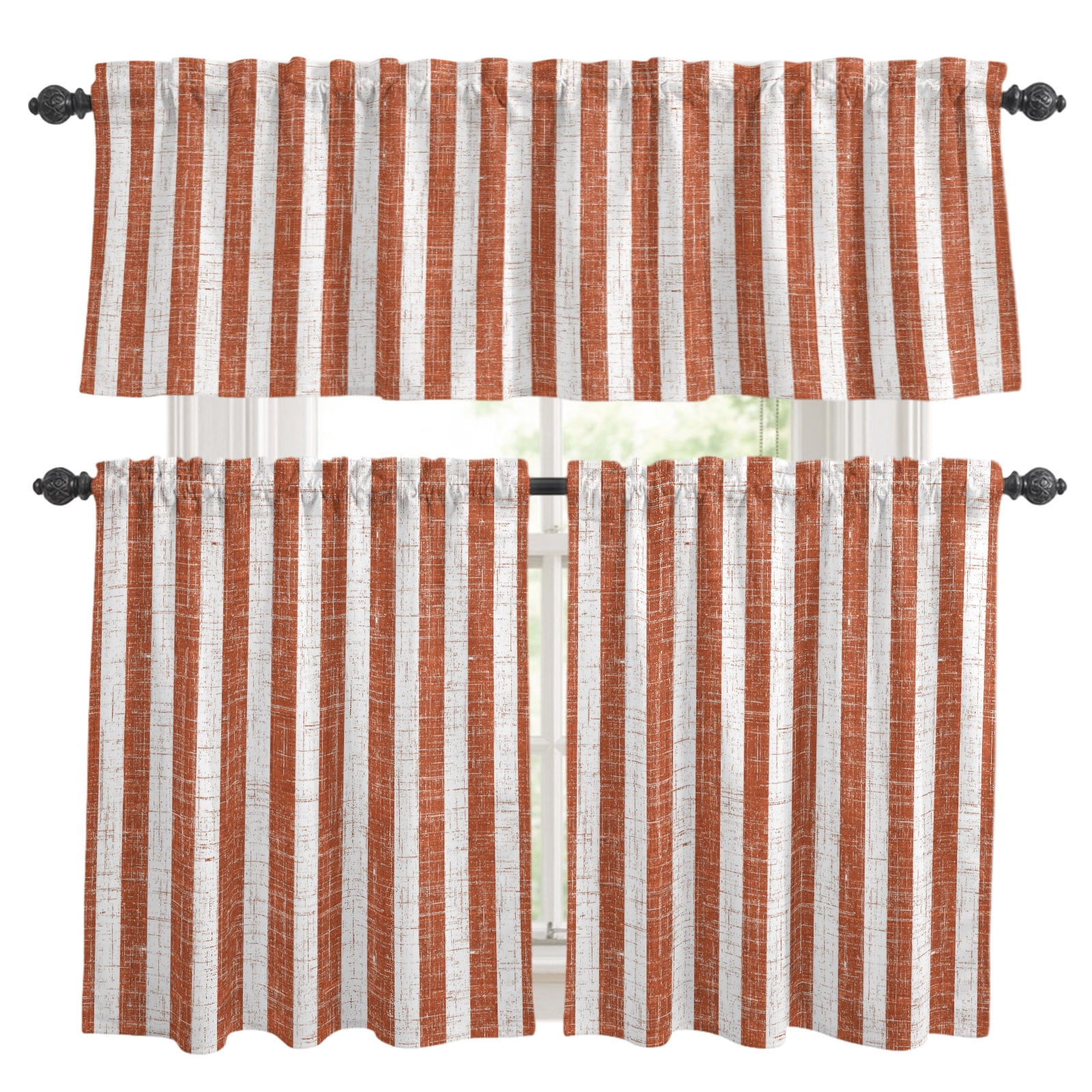 3 Piece Kitchen Curtains and Valances Set Orange Red Stripes Cafe ...