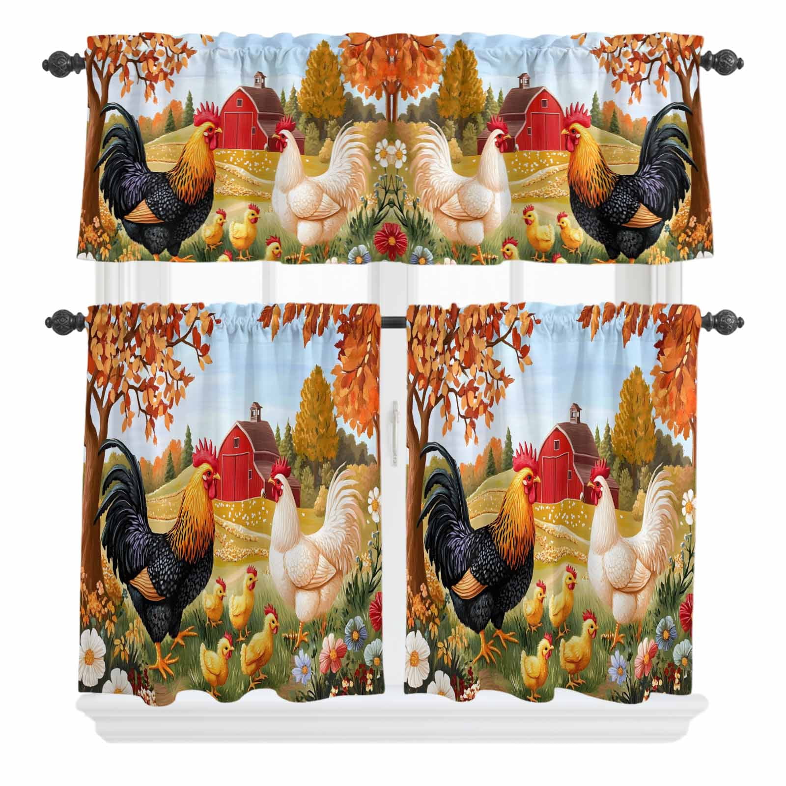 3 Piece Kitchen Curtains and Valances Set Orange Retro Rooster Cafe ...