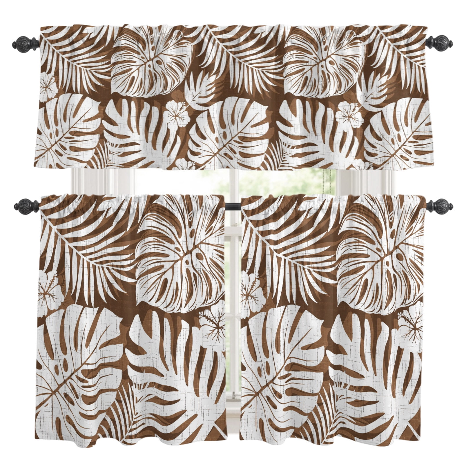 3 Piece Kitchen Curtains and Valances Set Palm Tree Monstera Cafe ...
