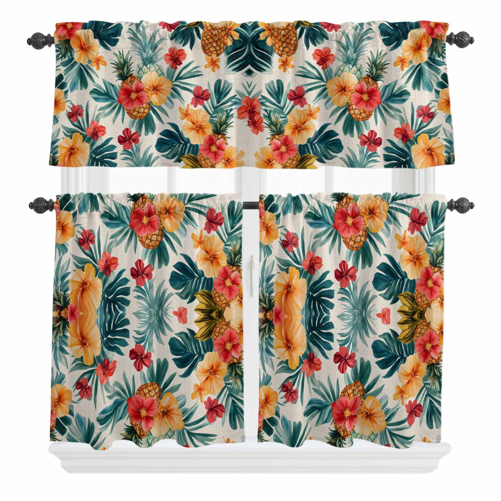 3 Piece Kitchen Curtains and Valances Set Palm Tree Pineapple Cafe ...
