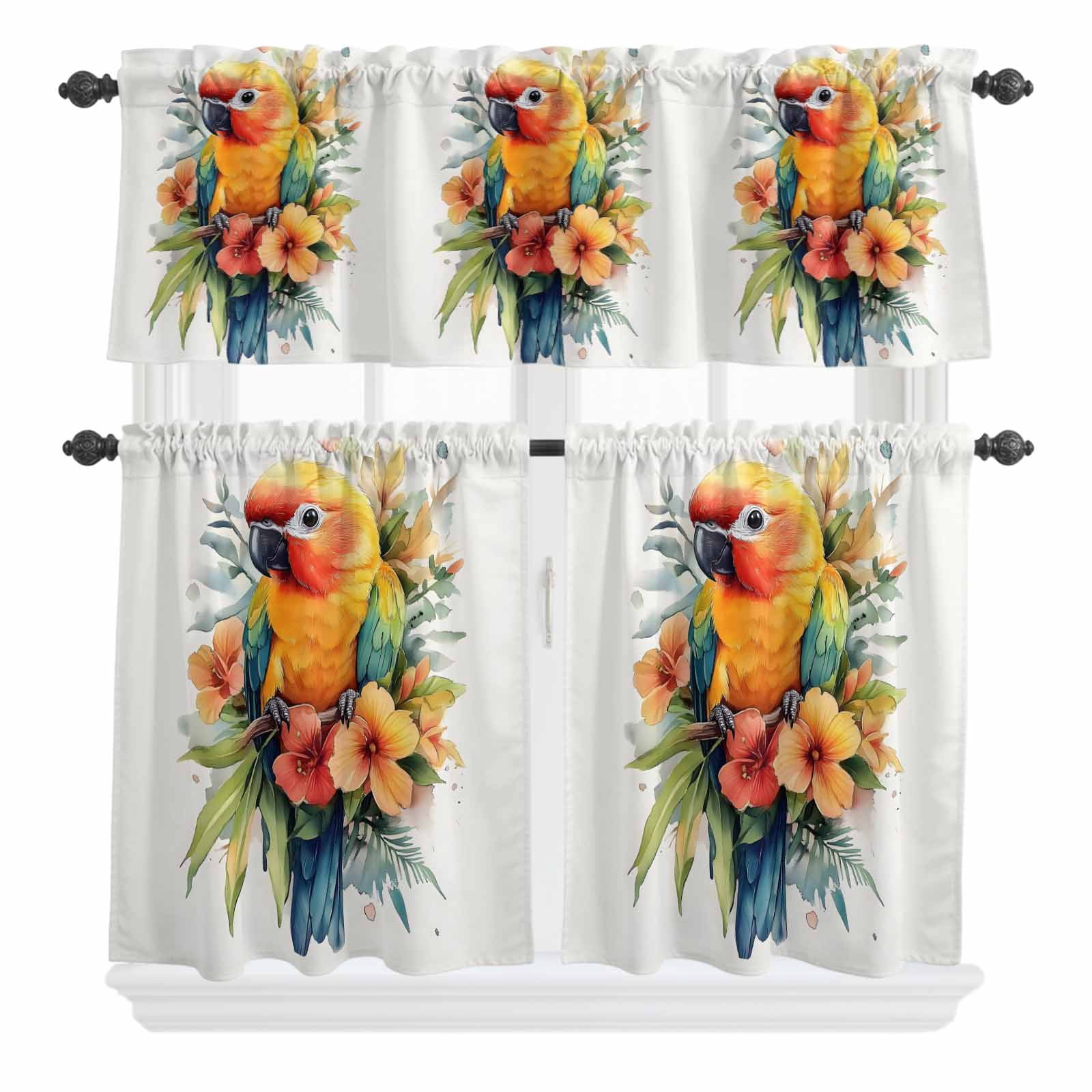 3 Piece Kitchen Curtains and Valances Set Parrot Floral Cafe Curtains ...