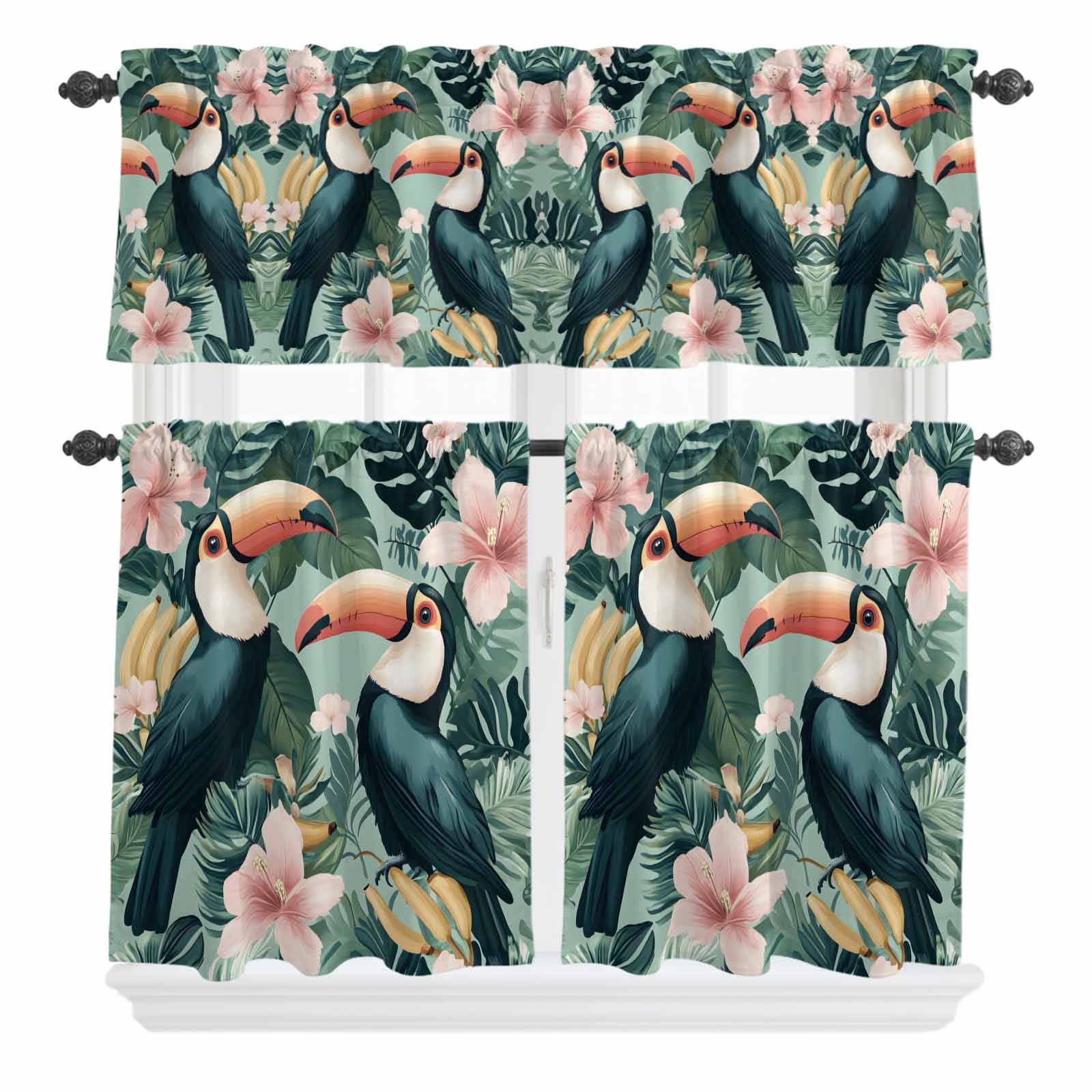 3 Piece Kitchen Curtains and Valances Set Parrot Flower Cafe Curtains ...