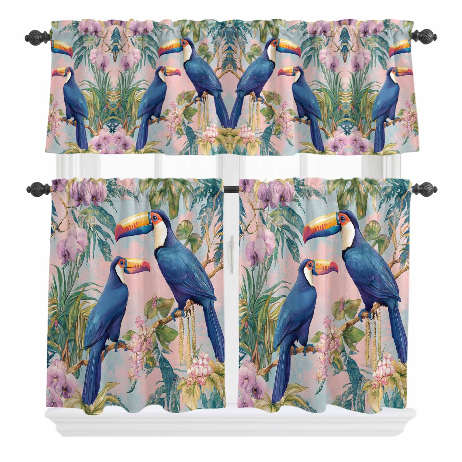 3 Piece Kitchen Curtains and Valances Set Parrot Flower Cafe Curtains ...