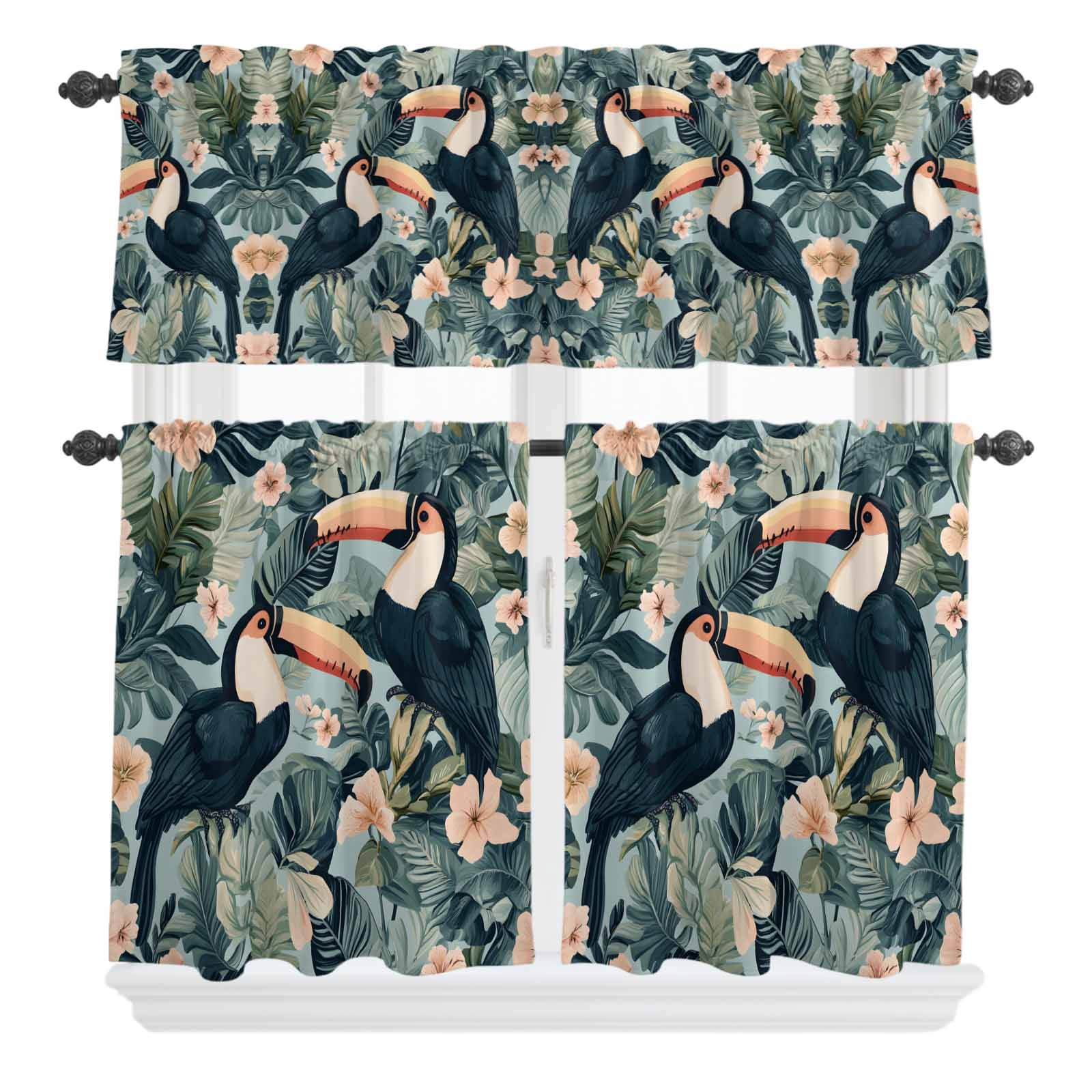 3 Piece Kitchen Curtains and Valances Set Parrot Tripical Cafe Curtains ...