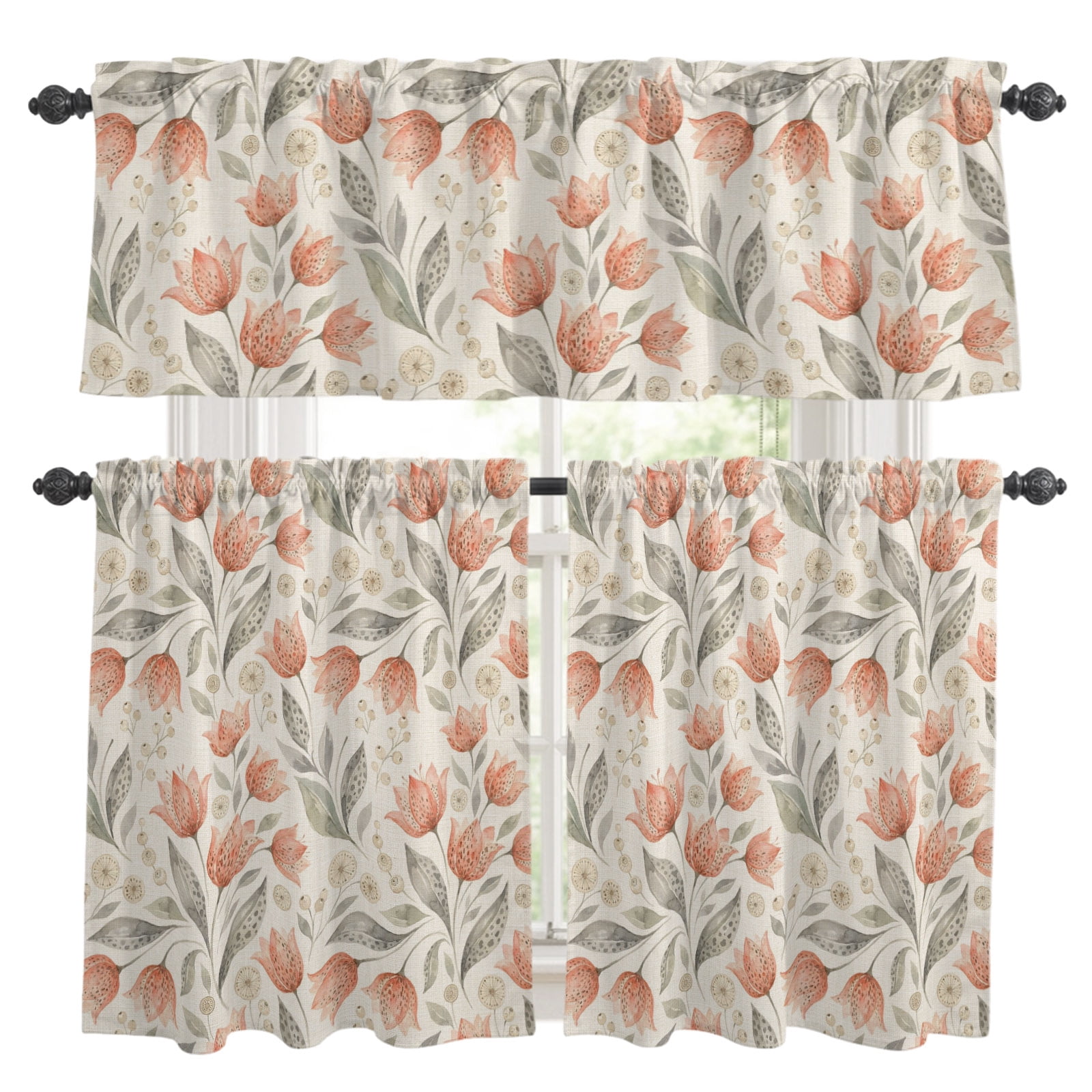 3 Piece Kitchen Curtains and Valances Set Peach Floral Cafe Curtains 36 ...