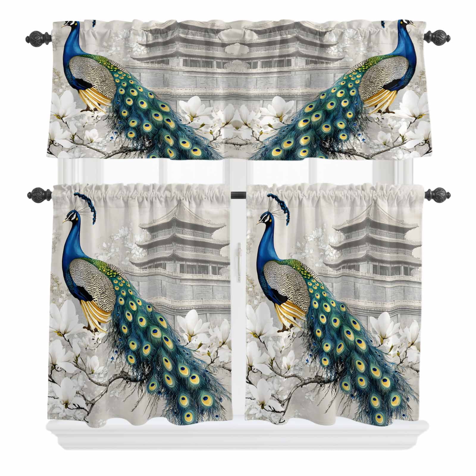 3 Piece Kitchen Curtains and Valances Set Peacock Elegant Cafe Curtains ...