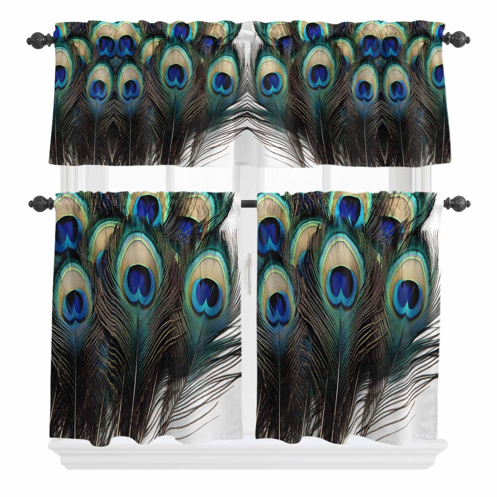 3 Piece Kitchen Curtains and Valances Set Peacock Feathers Cafe ...