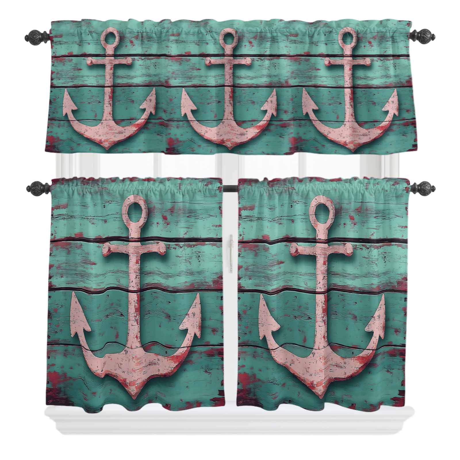 3 Piece Kitchen Curtains and Valances Set Pink Anchor Cafe Curtains 36 ...