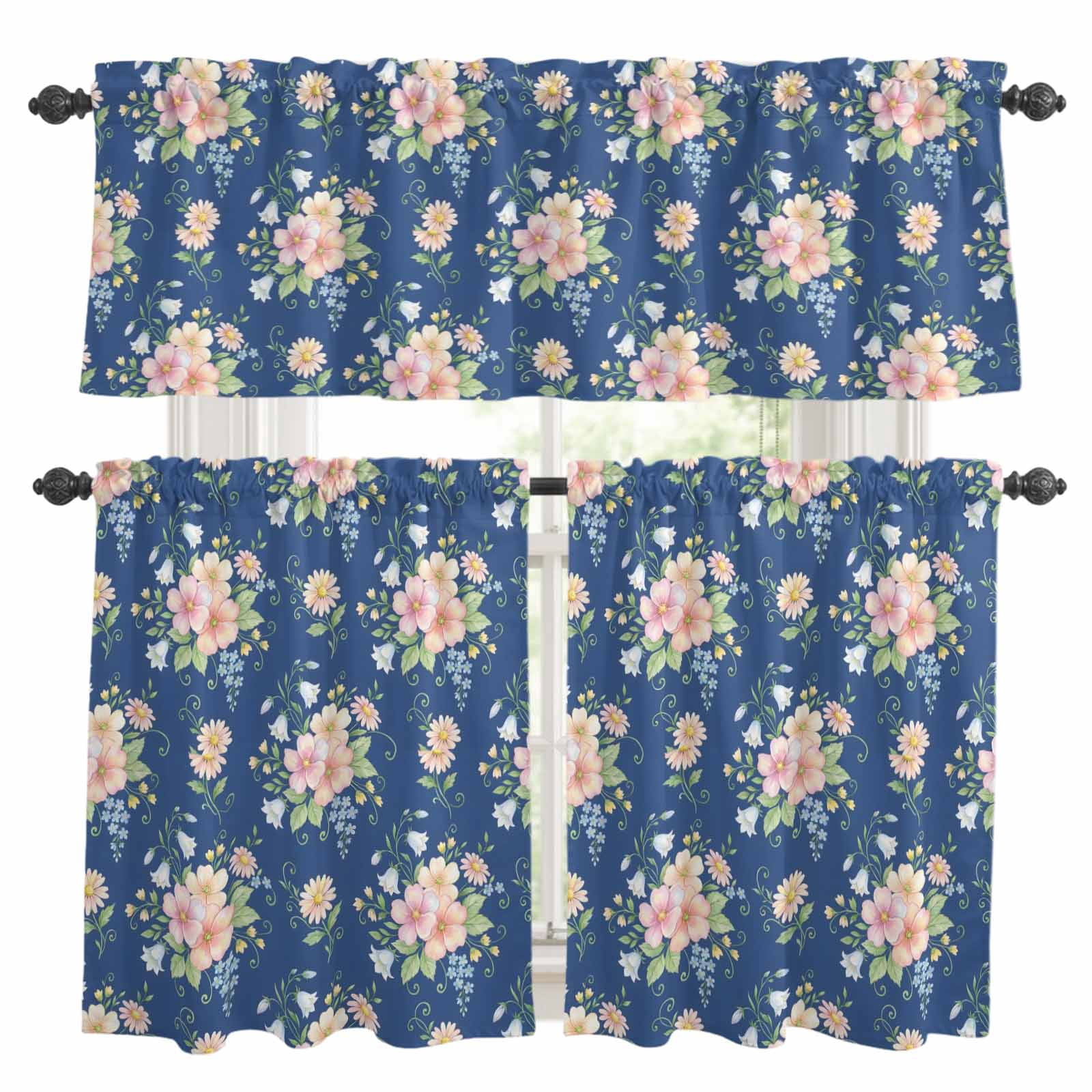 3 Piece Kitchen Curtains and Valances Set Pink Blue Flowers Cafe ...