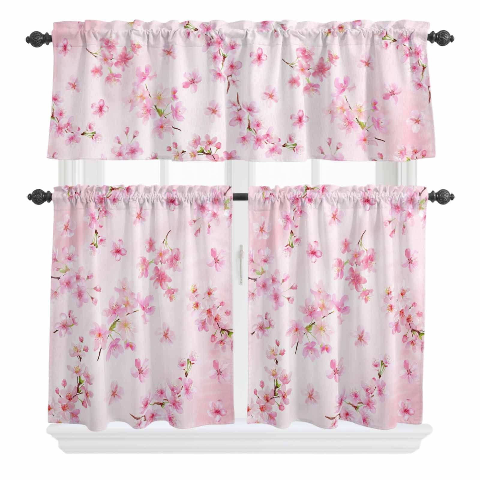 3 Piece Kitchen Curtains and Valances Set Pink Cherry Cafe Curtains 36 ...