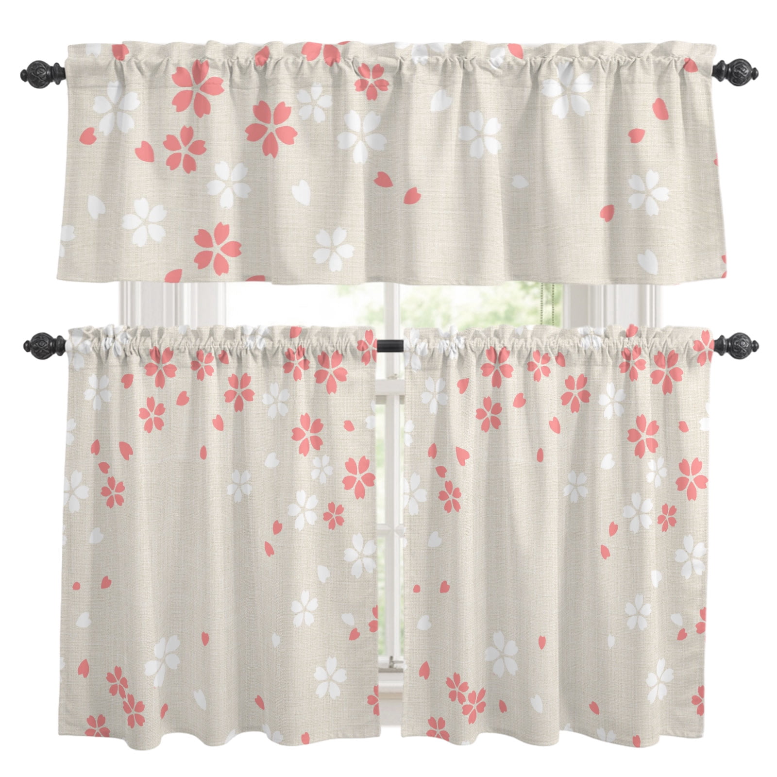3 Piece Kitchen Curtains and Valances Set Pink Cherry Floral Cafe ...