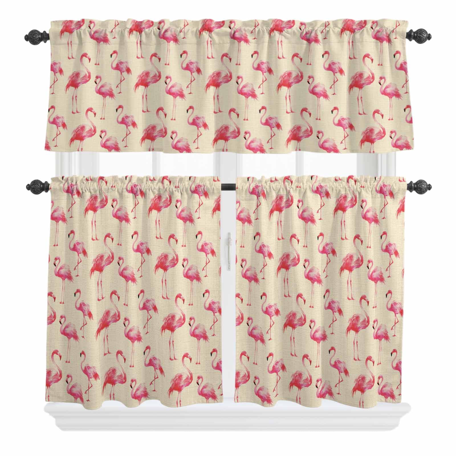 3 Piece Kitchen Curtains and Valances Set Pink Flamingo Cafe Curtains ...