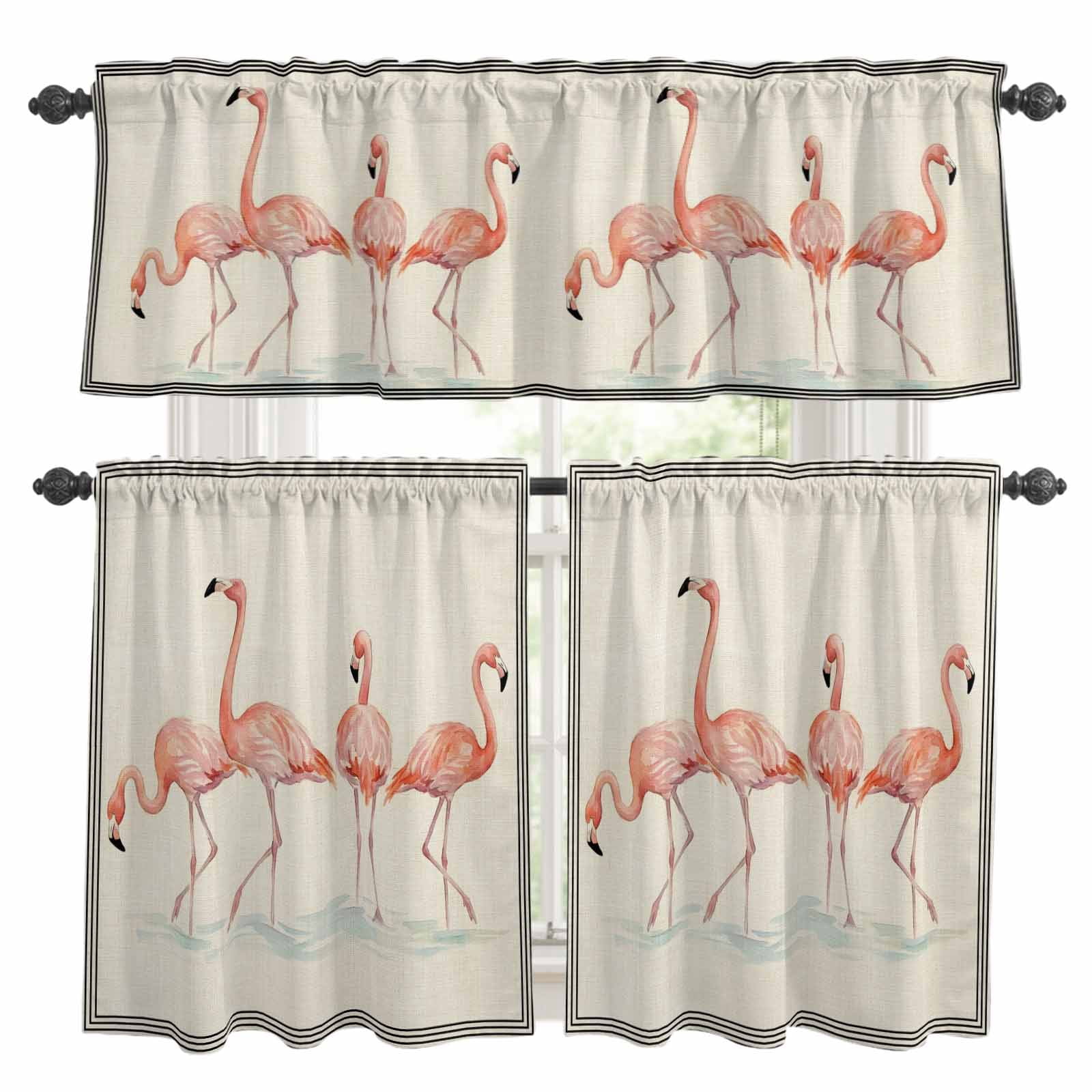 3 Piece Kitchen Curtains and Valances Set Pink Flamingo Rustic Cafe ...