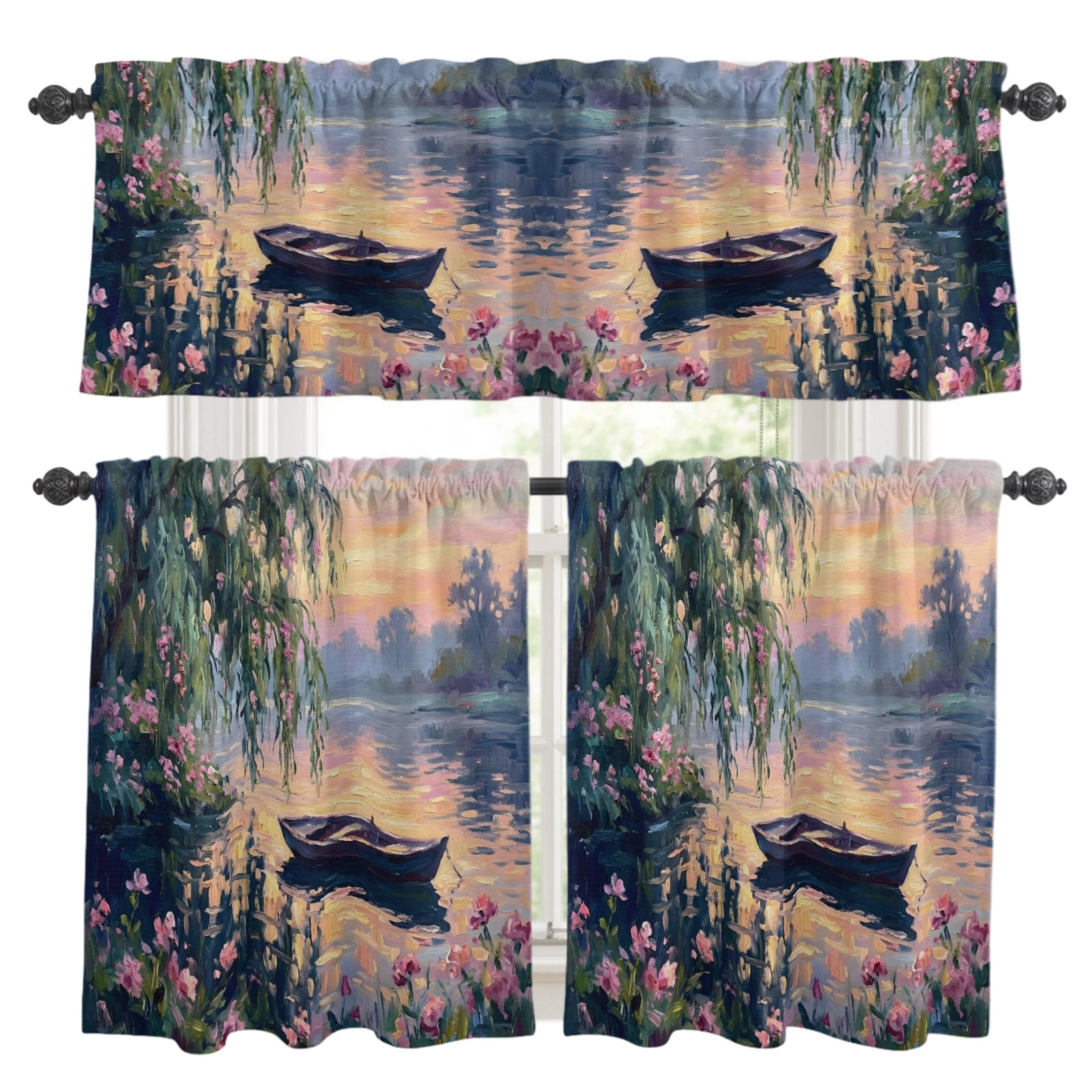 3 Piece Kitchen Curtains and Valances Set Pink Floral Lake Cafe ...