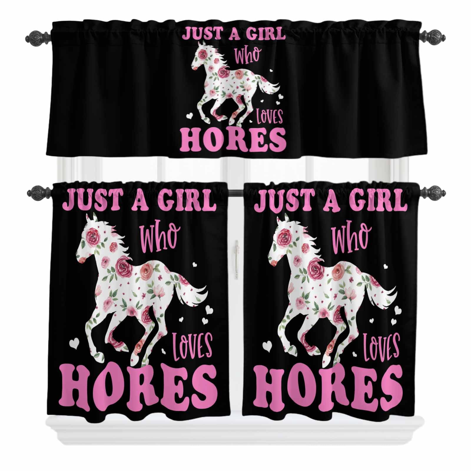 3 Piece Kitchen Curtains and Valances Set Pink Flowers Horse Cafe ...