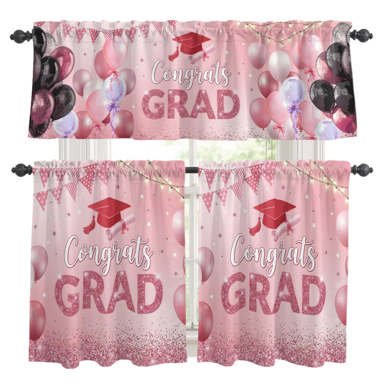 3 Piece Kitchen Curtains and Valances Set Pink Graduation Cafe Curtains ...
