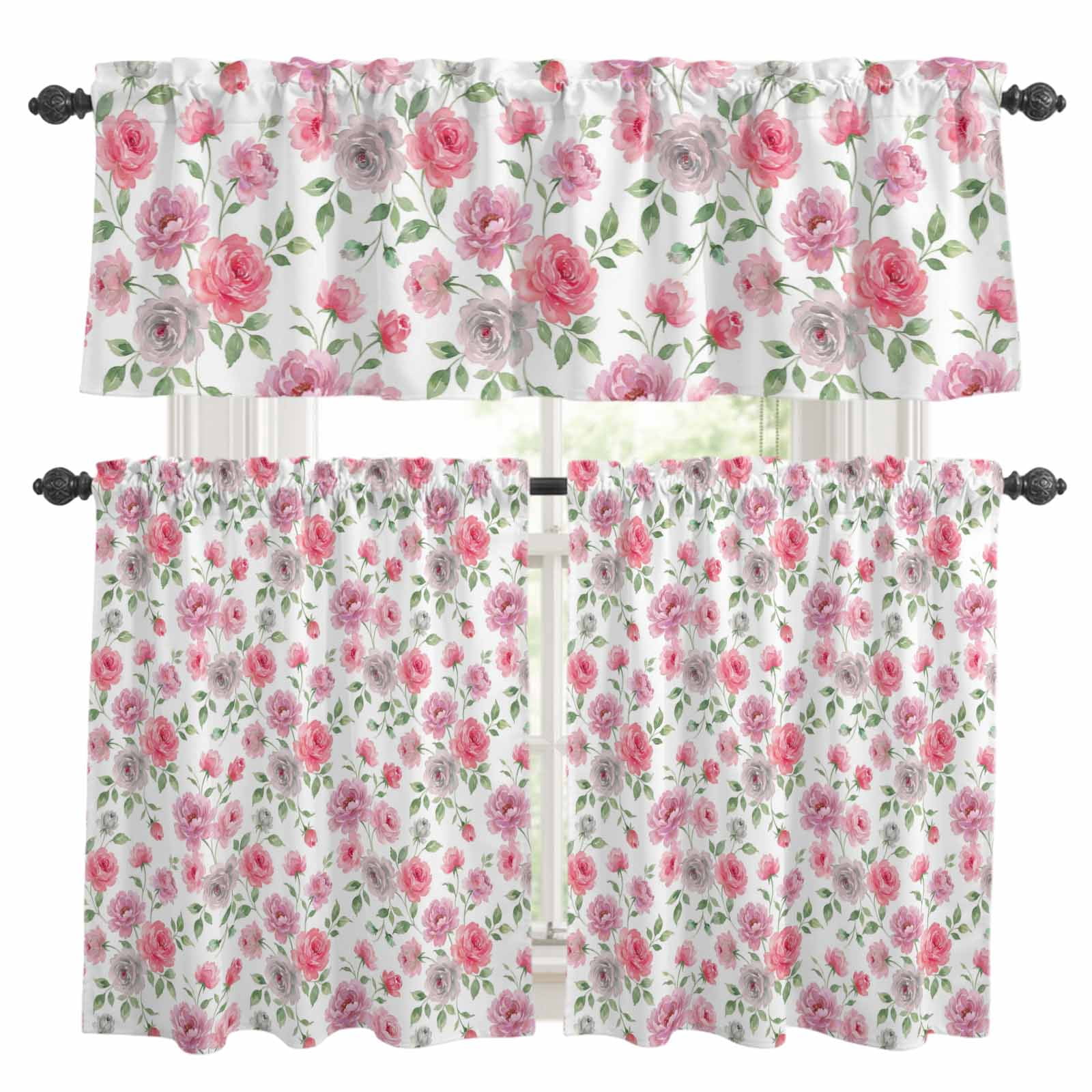 3 Piece Kitchen Curtains and Valances Set Pink Gray Roses Cafe Curtains ...