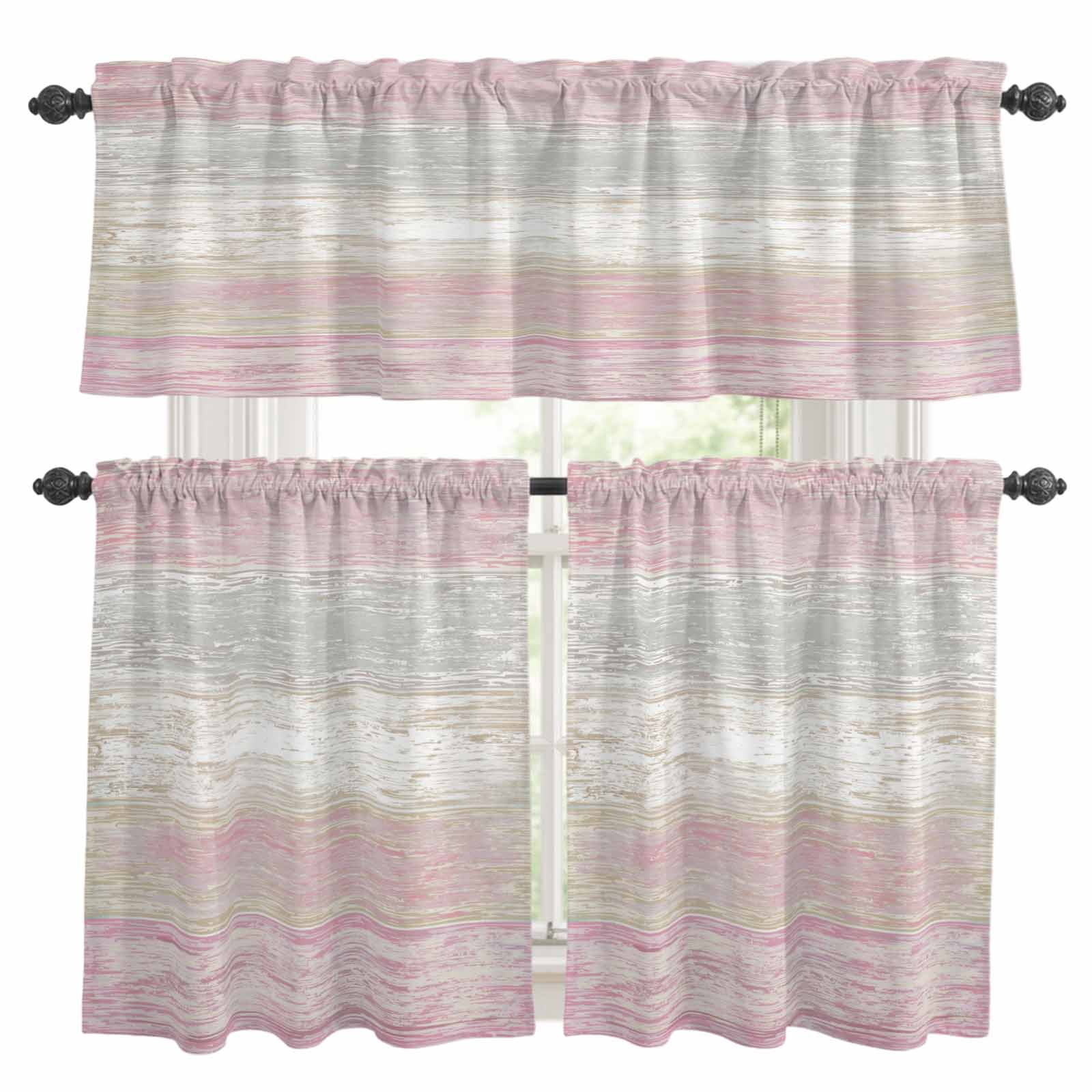 3 Piece Kitchen Curtains and Valances Set Pink Grey Cafe Curtains 36 ...