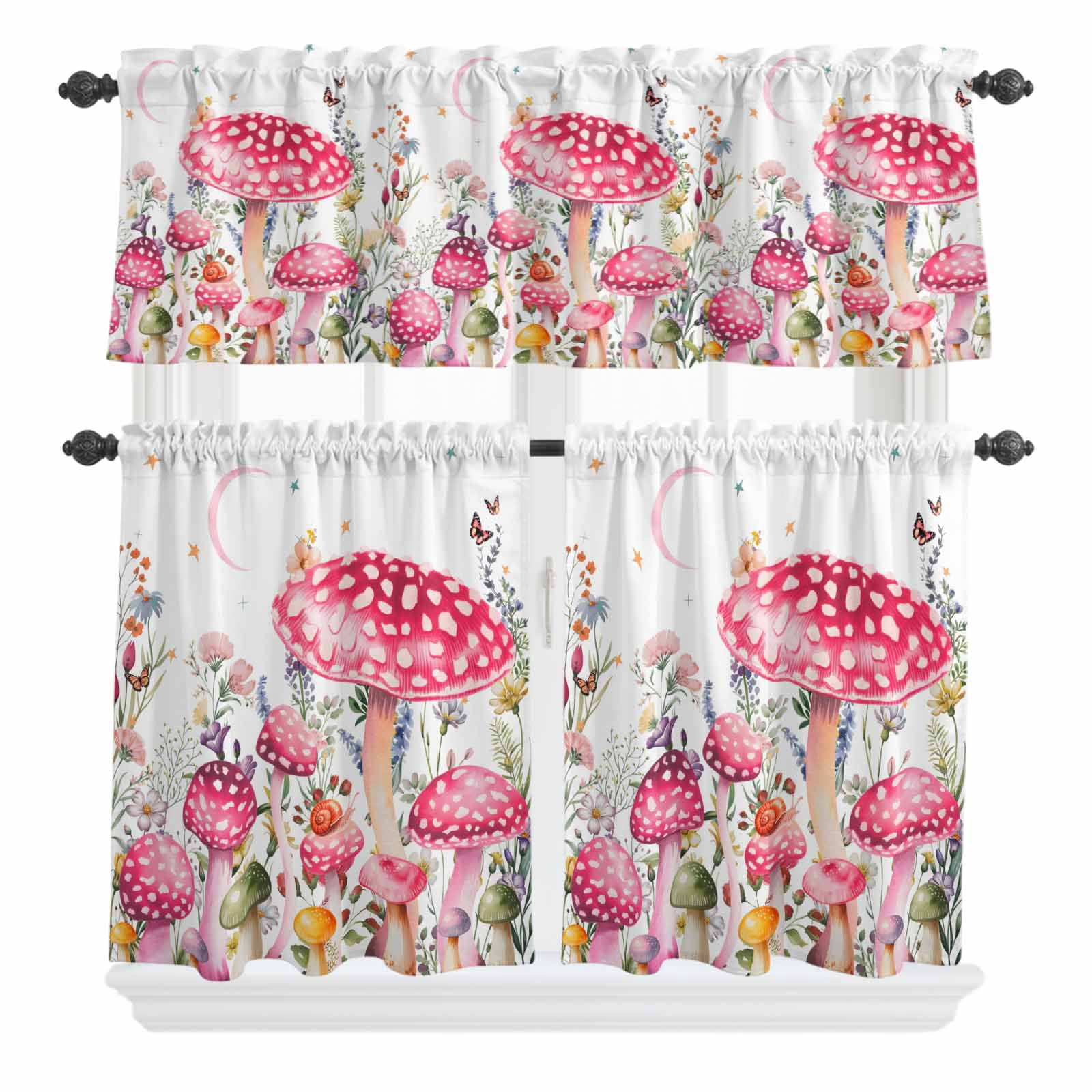 3 Piece Kitchen Curtains and Valances Set Pink Mushroom Cafe Curtains ...