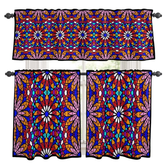 3 Piece Kitchen Curtains and Valances Set Pink Purple Boho Flowers Cafe ...