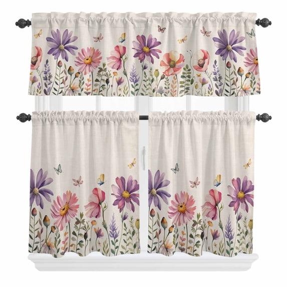 3 Piece Kitchen Curtains and Valances Set Pink Purple Flowers Cafe ...