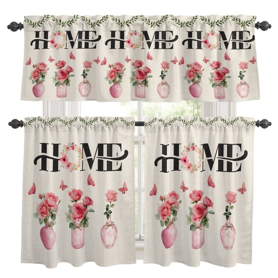 3 Piece Kitchen Curtains and Valances Set Pink Red Roses Cafe Curtains ...