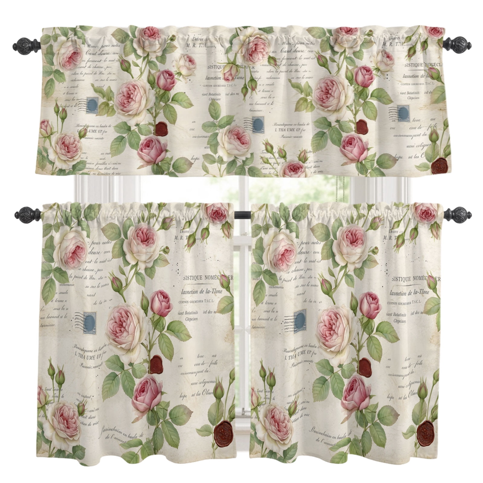 3 Piece Kitchen Curtains and Valances Set Pink Roses Cafe Curtains 24 ...