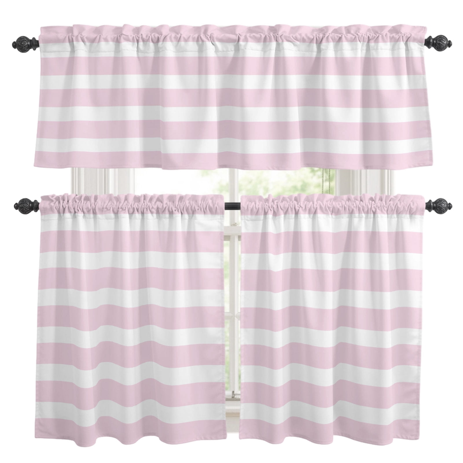 3 Piece Kitchen Curtains and Valances Set Pink Striped Cafe Curtains 24 ...