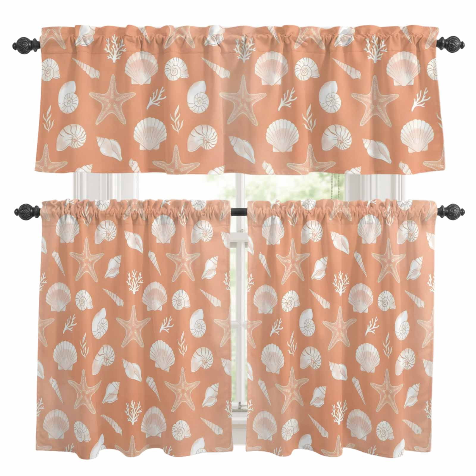 3 Piece Kitchen Curtains and Valances Set Pink White Starfish Coastal ...