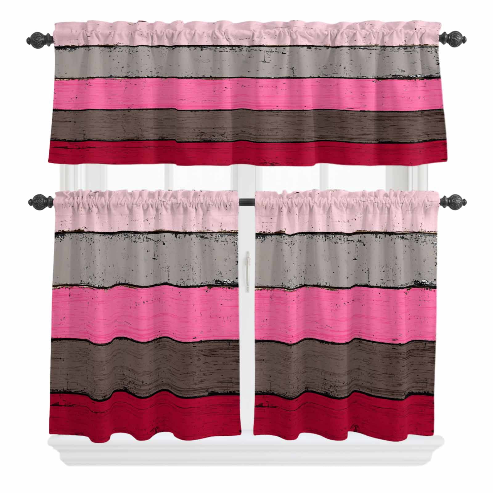 3 Piece Kitchen Curtains and Valances Set Pink Wooden Cafe Curtains 24 ...