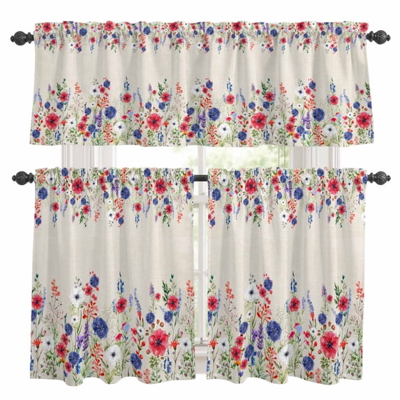 3 Piece Kitchen Curtains and Valances Set Poppies Wildflowers Cafe ...