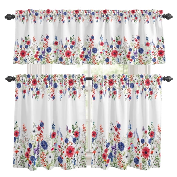 3 Piece Kitchen Curtains and Valances Set Poppies Wildflowers Cafe ...