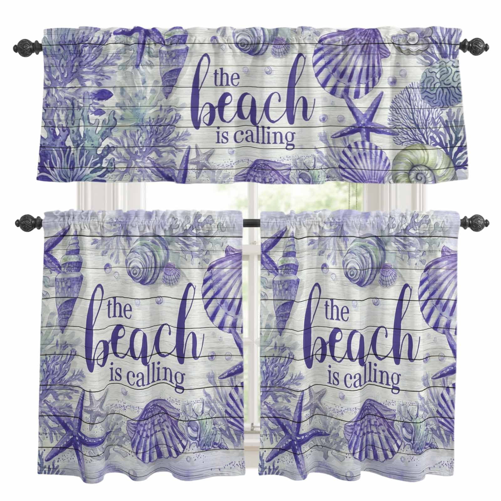 3 Piece Kitchen Curtains and Valances Set Purple Beach Coastal Cafe ...
