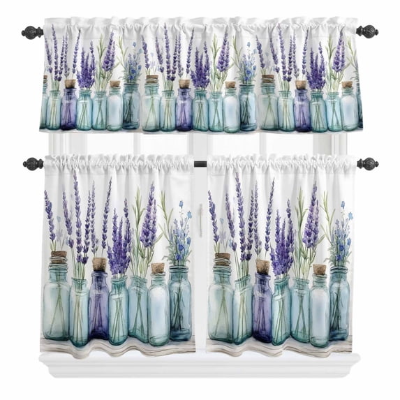 3 Piece Kitchen Curtains and Valances Set Purple Flowers Cafe Curtains ...