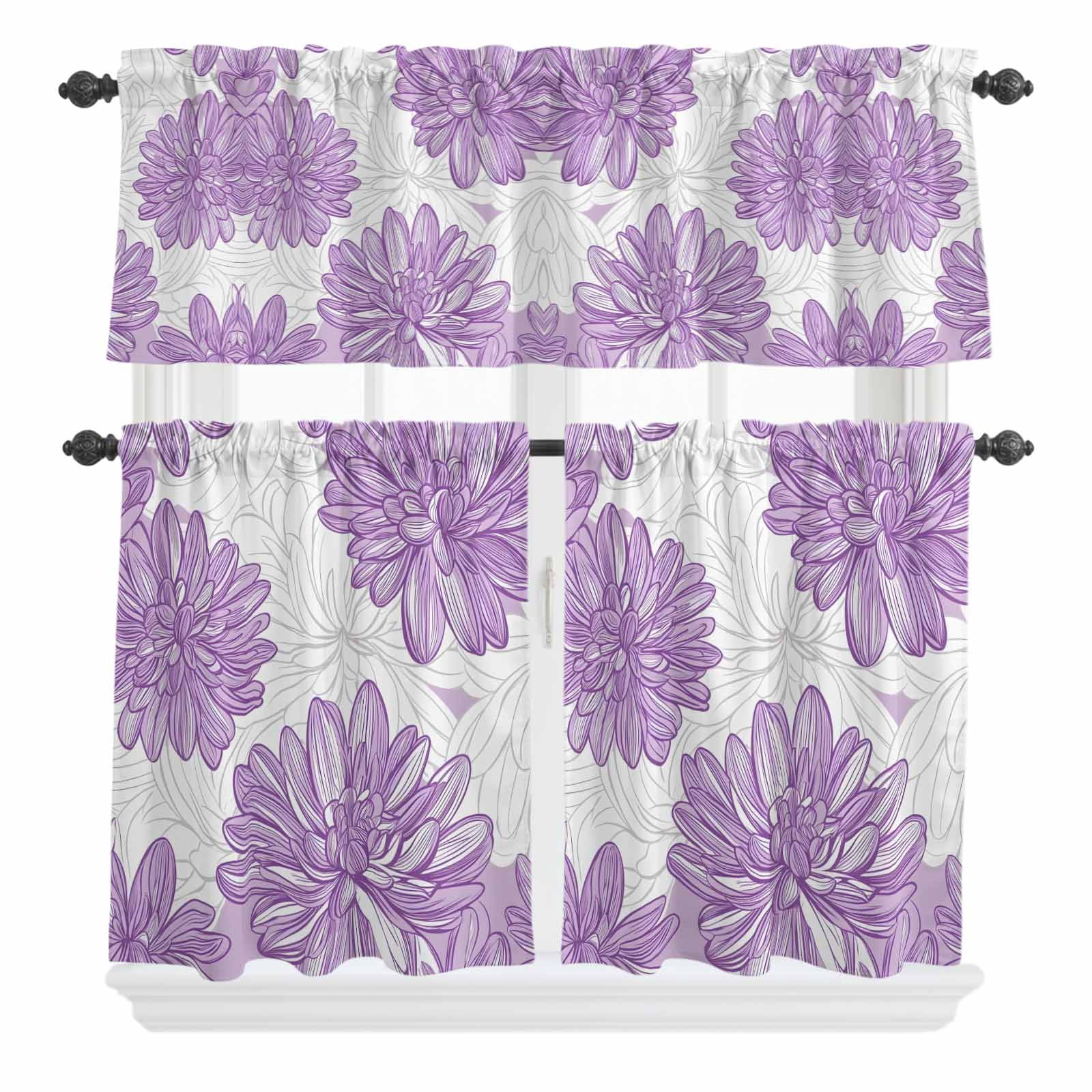 3 Piece Kitchen Curtains and Valances Set Purple Flowers Cafe Curtains ...