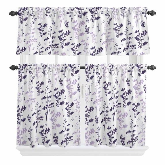 3 Piece Kitchen Curtains and Valances Set Purple Grey Botanical Cafe ...