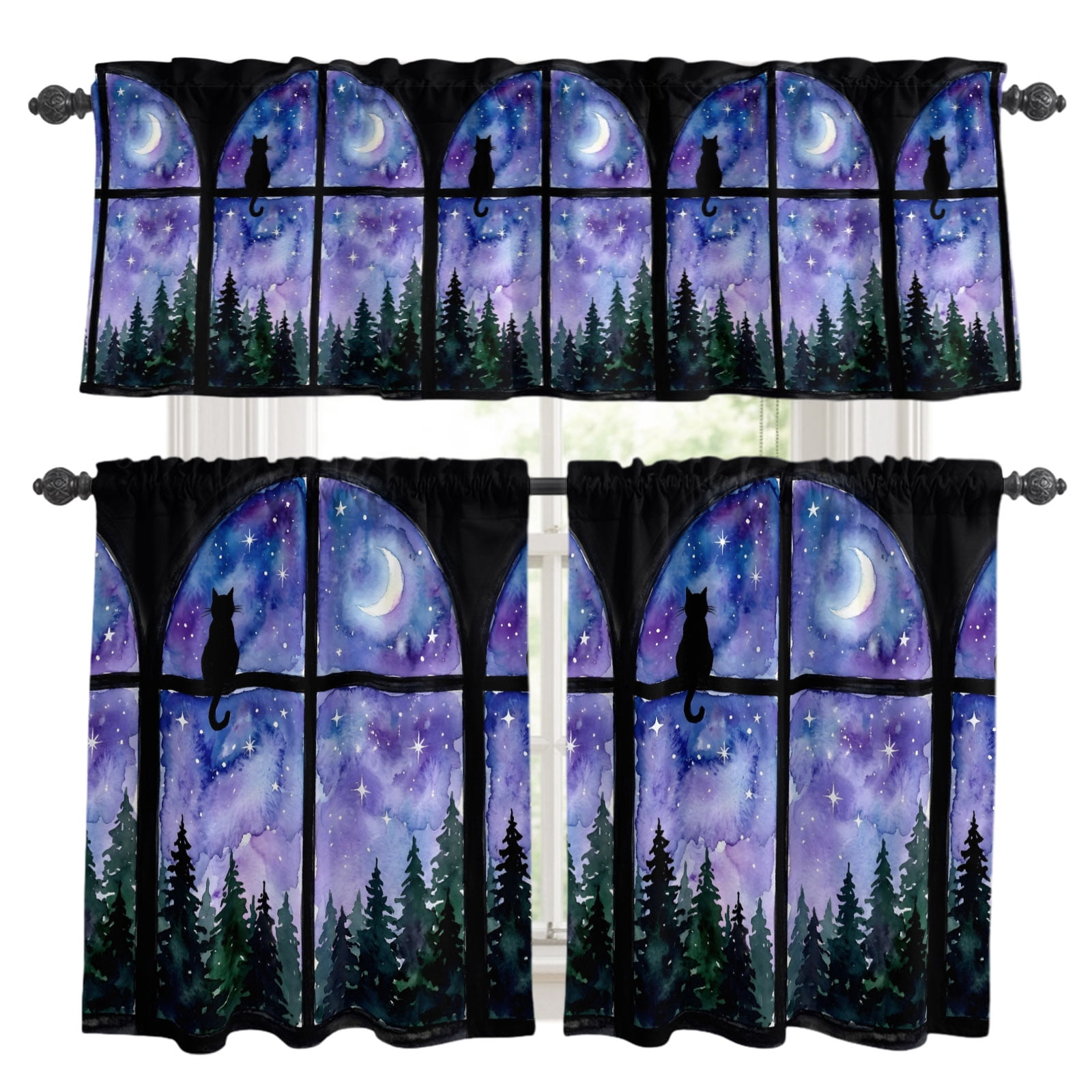 3 Piece Kitchen Curtains and Valances Set Purple Night Sky Cafe ...