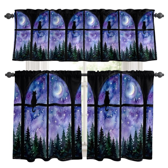 3 Piece Kitchen Curtains and Valances Set Purple Night Sky Cafe ...